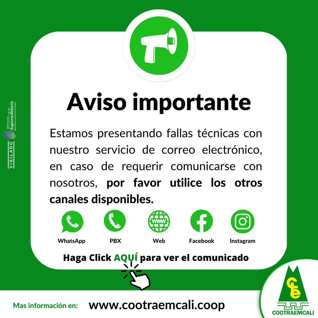 Aviso importante web Comunicado Correos Electronicos | COOTRAEMCALI
